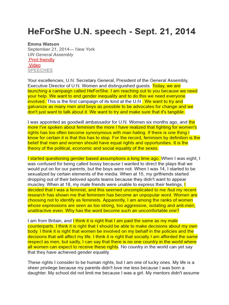 Emma Watson's HeForShe UN Speech | PDF | Gender Studies | Feminism