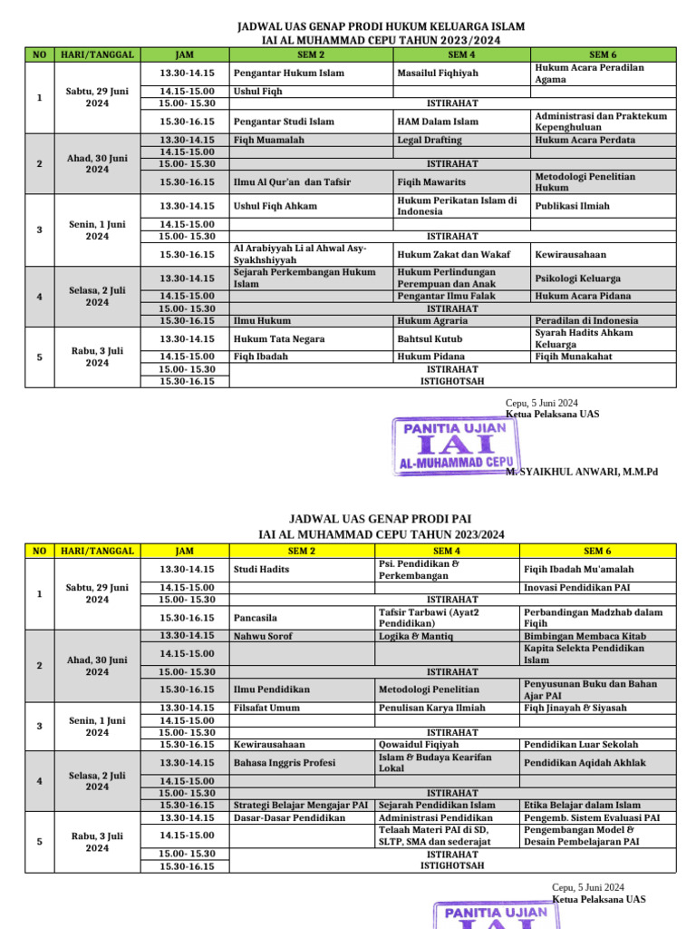 Jadwal Uas Genap 2023-2024 | PDF