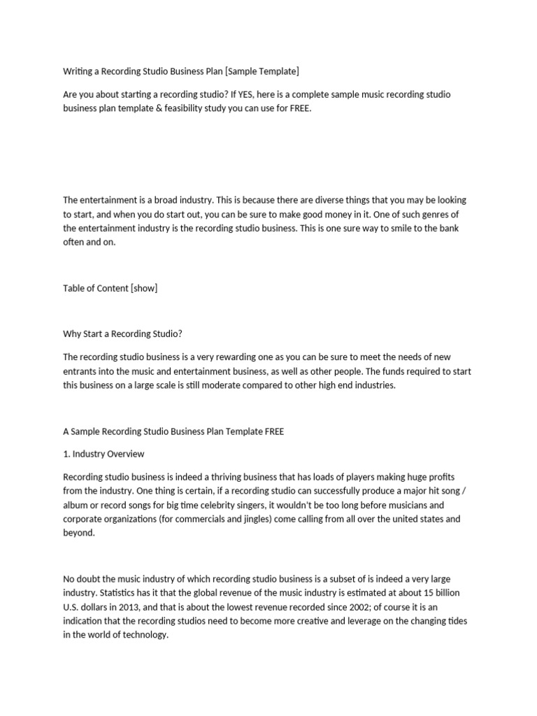 Writing A Recording Studio Business Plan (Sample Template) | PDF ...