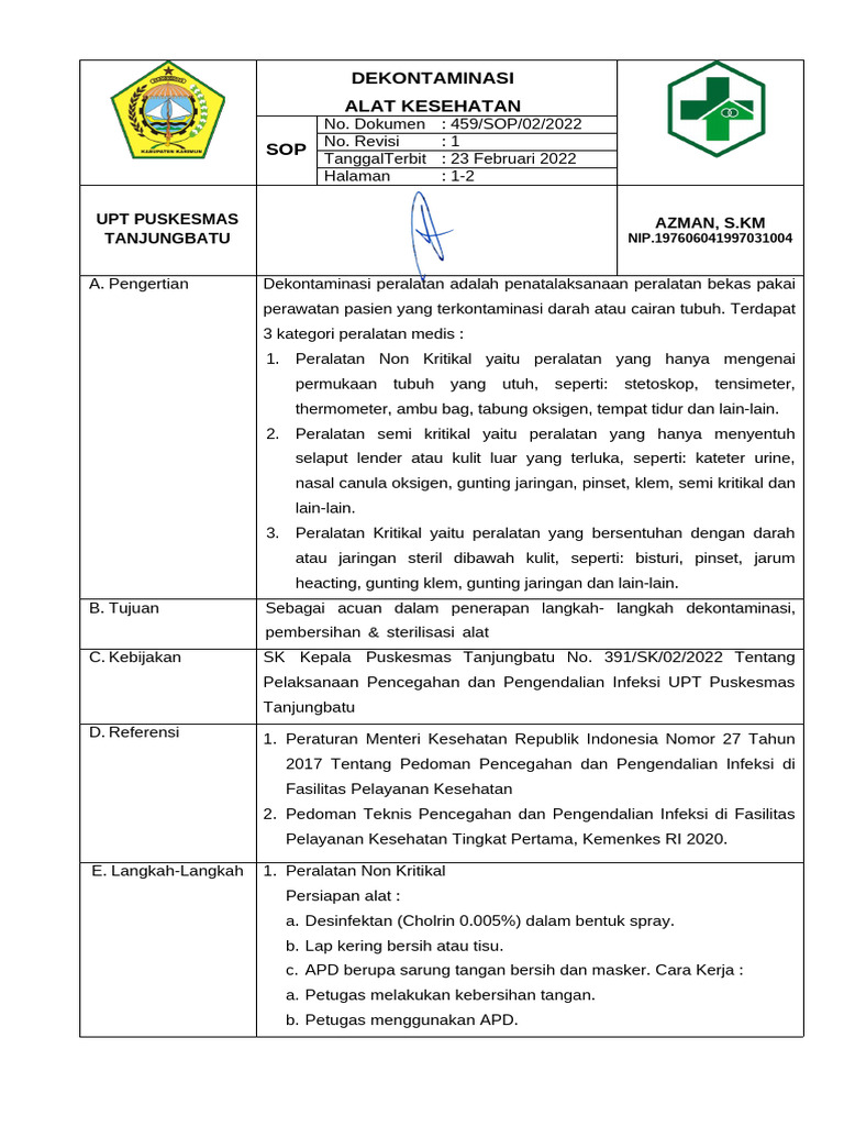 Sop Dekontaminasi Alat Kesehatan | PDF