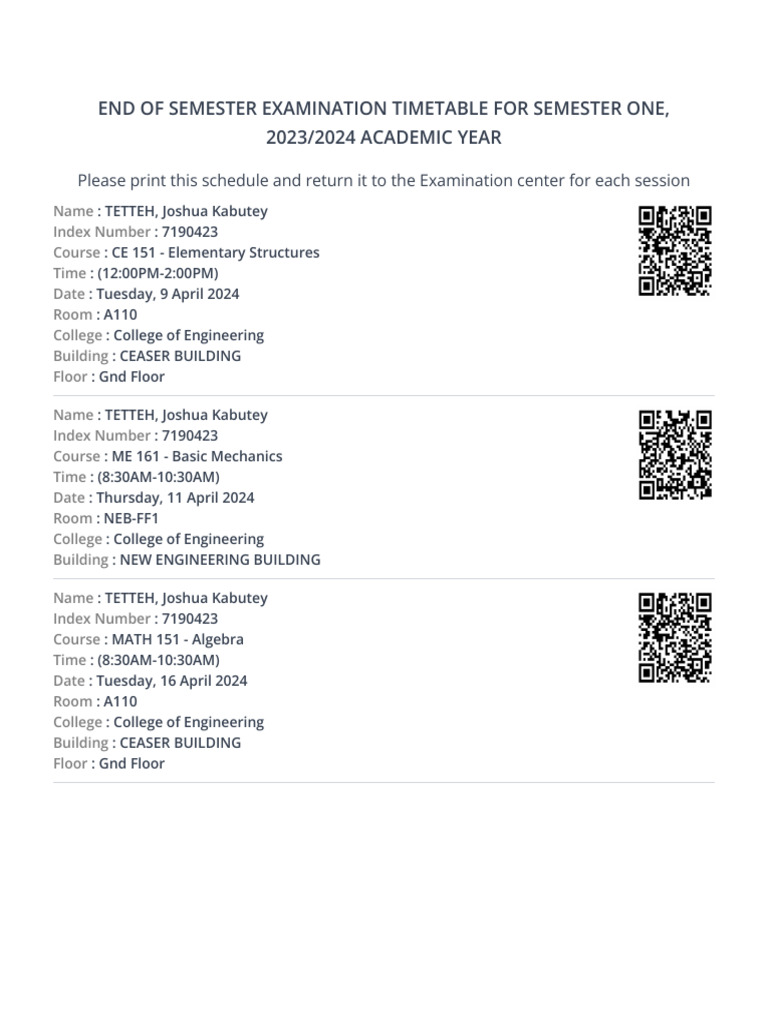 KNUST, CoE Check Timetable For Student | PDF