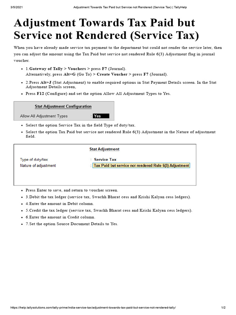 Adjustment Towards Tax Paid but Service not Rendered (Service Tax ...