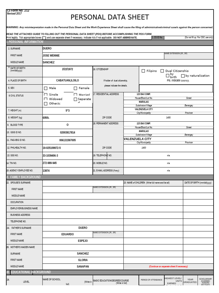 Personal Data Sheet Template | PDF