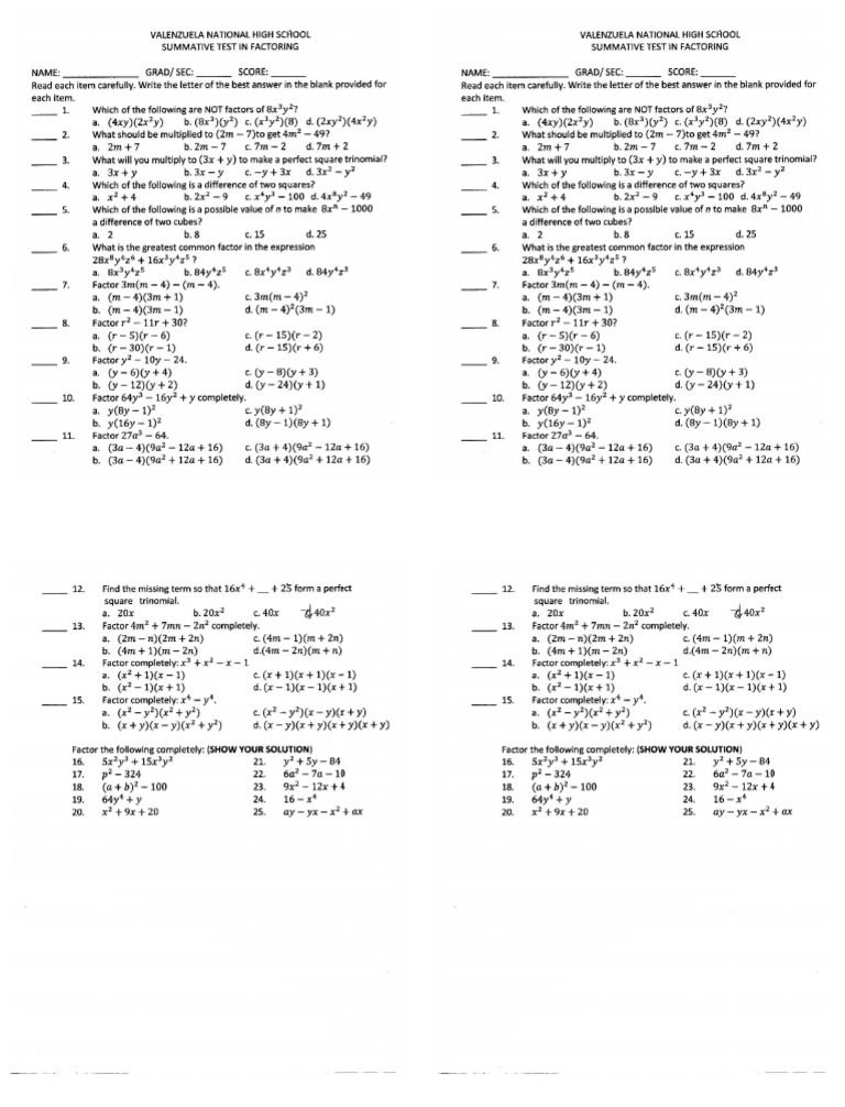 Summative Test Factoring | PDF