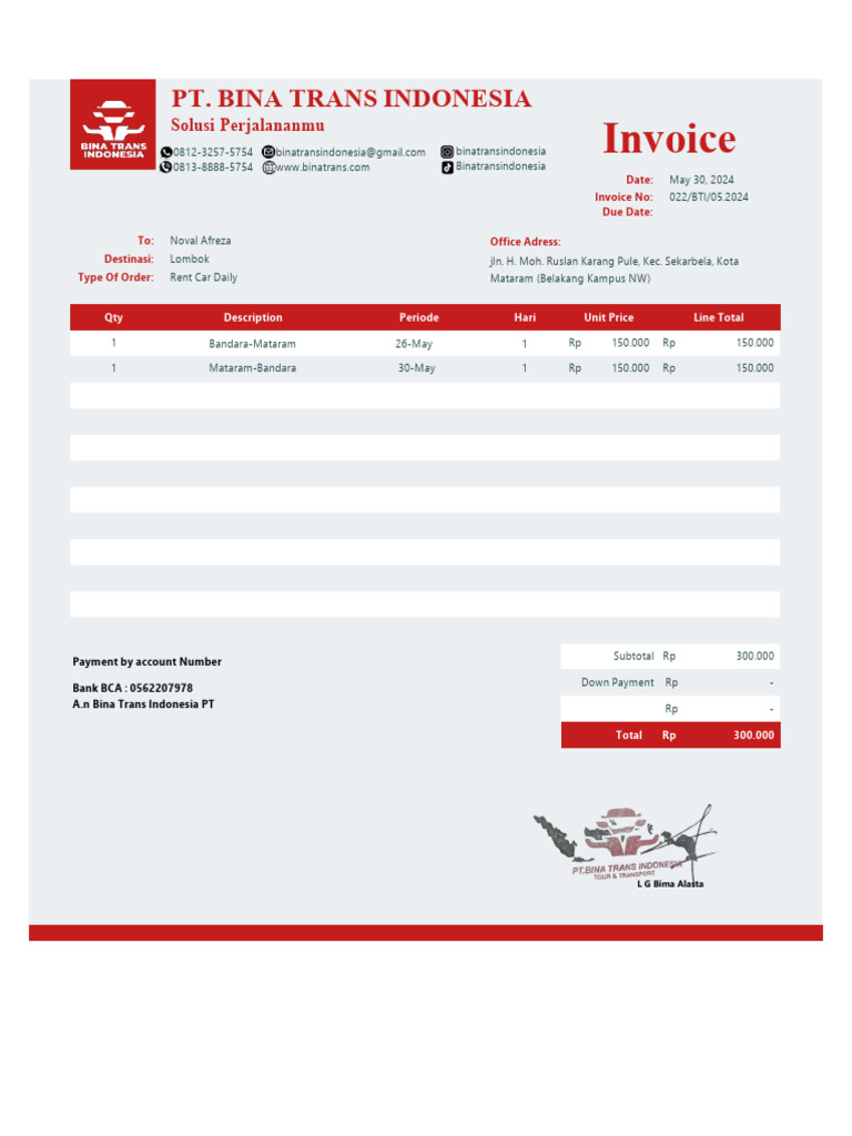 Sewa Mobil Bima Invoice 05/2024 | PDF