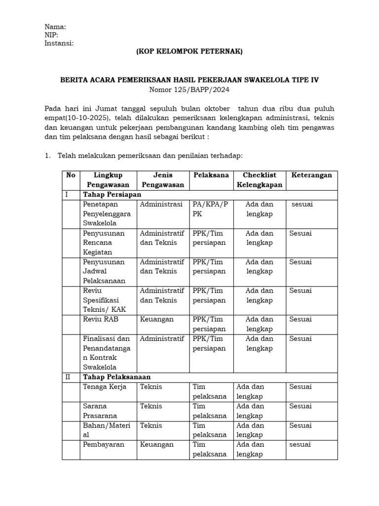 Berita Acara Pemeriksaan Swakelola IV | PDF