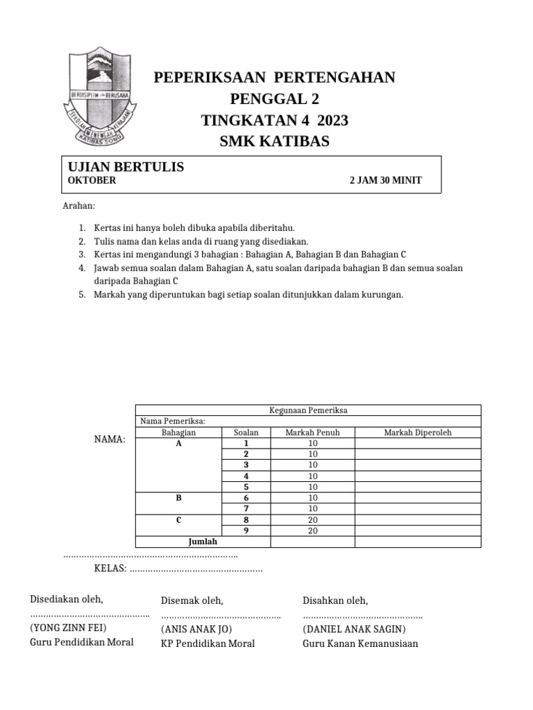 Peperiksaan Pertengahan Penggal 2 Tingkatan 4 2023 SMK Katibas | PDF