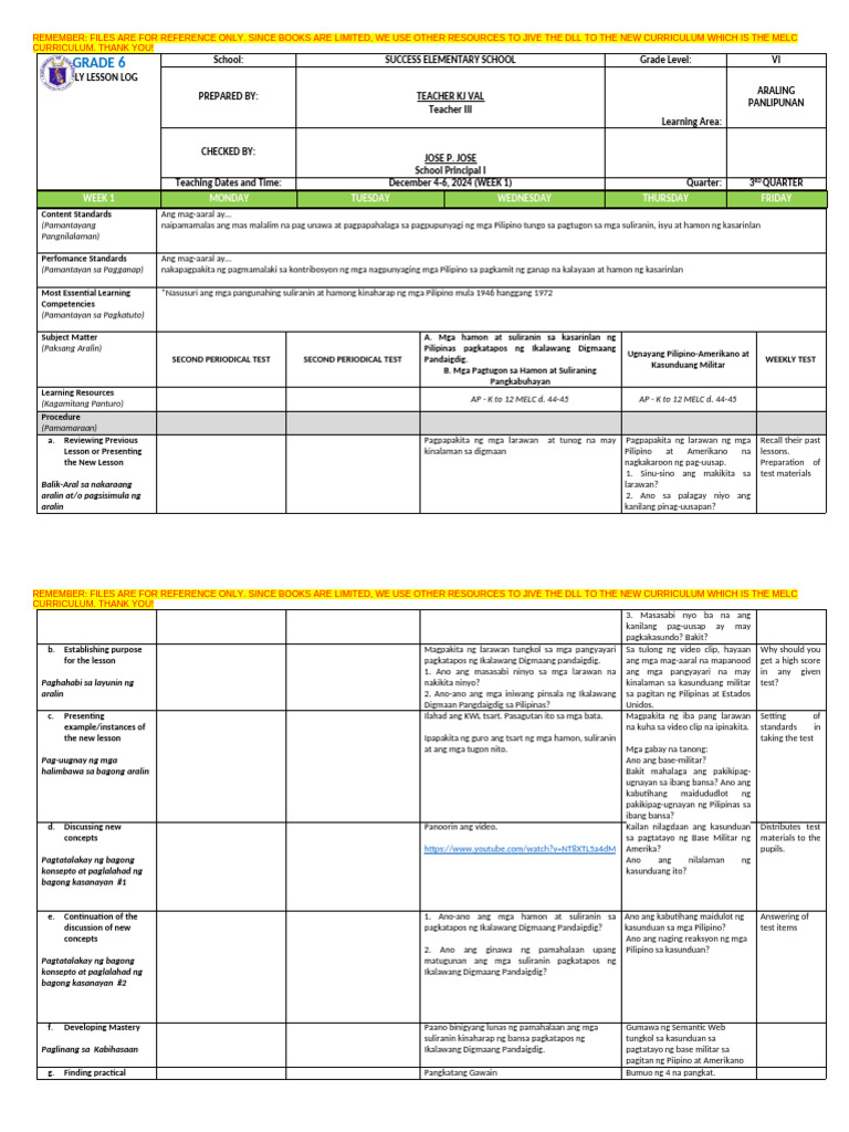 DLL AP 6 WEEK 1 - Q3 by Teacher KJ VAL | PDF
