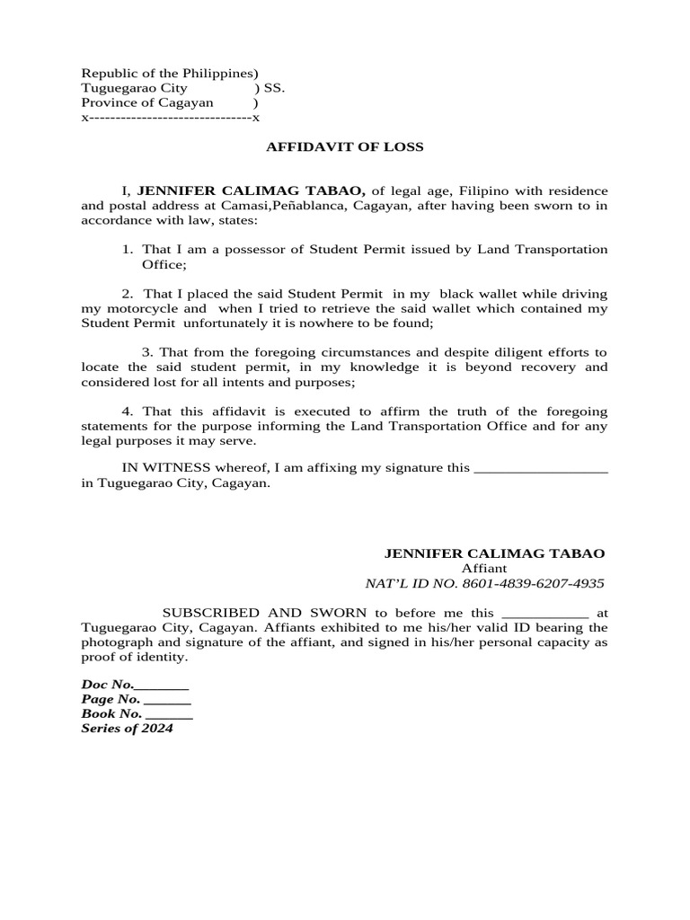 Affidavit of Loss for Student Permit | PDF