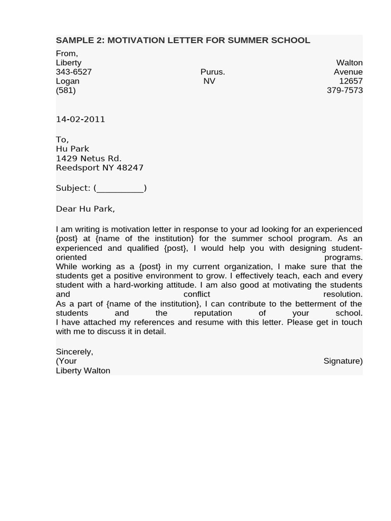 Motivation Letter, SAMPLE 2 | PDF