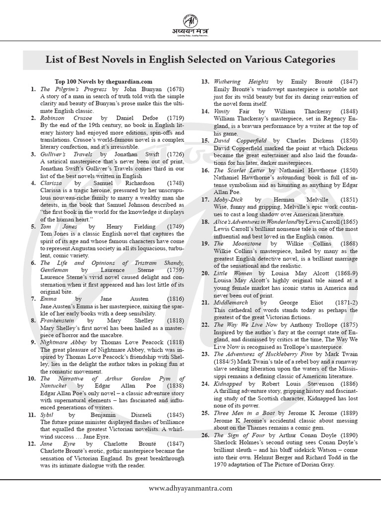 Top 100 English Novels List | PDF | Novels | Laurence Sterne