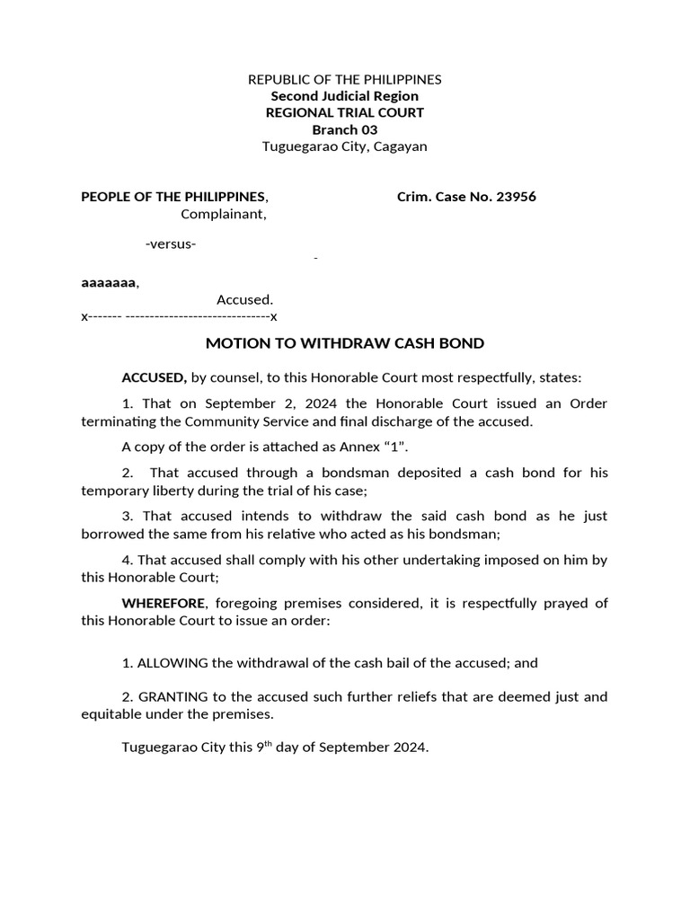 Motion to Withdraw Cash Bond in Court | PDF