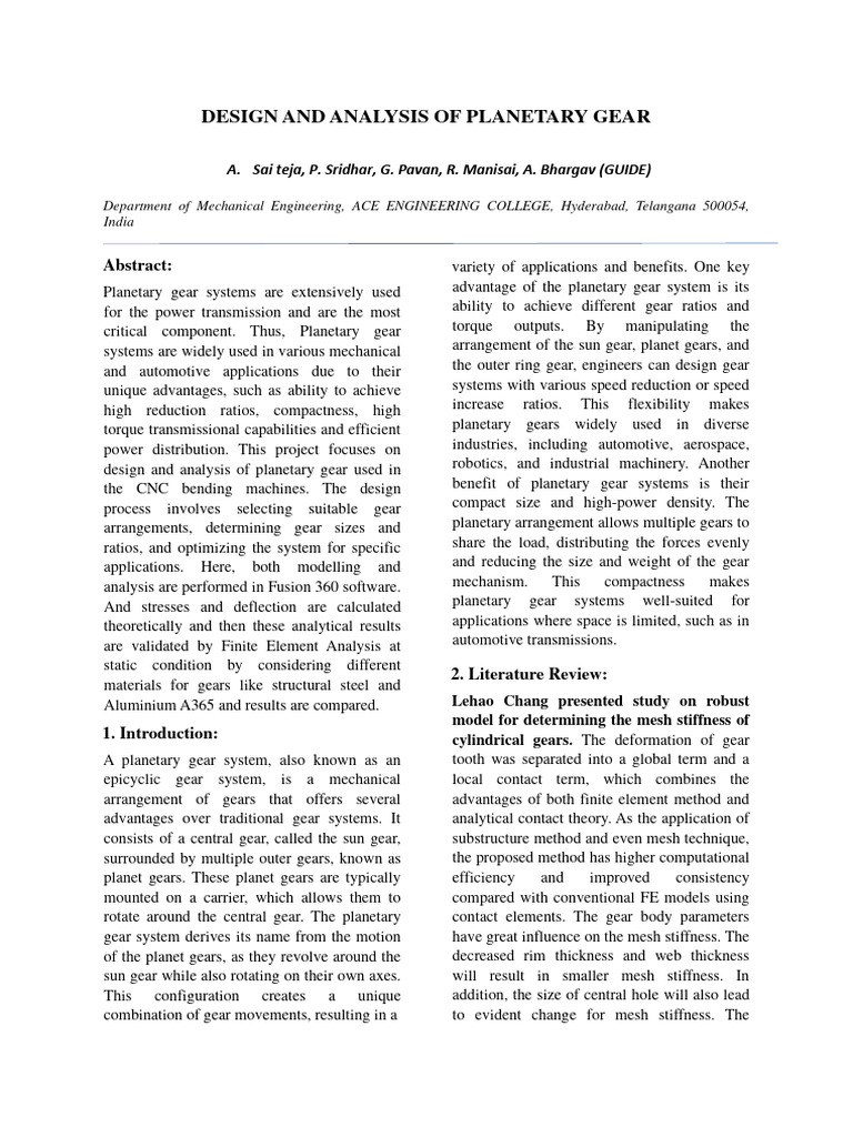 Design and Analysis of Planetary Gear | PDF | Gear | Bending