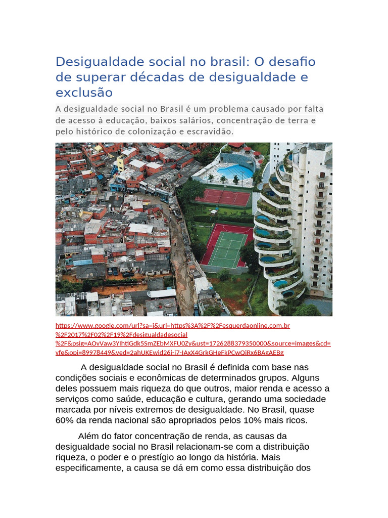 Desigualdade Social no Brasil: Causas e Efeitos | PDF | Desigualdade ...