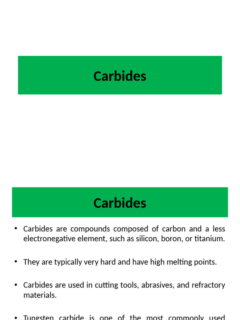 Types and Uses of Carbides Explained | PDF | Carbon | Ionic Bonding