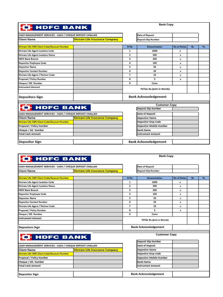 Revised SLICL CMS Cash and Cheque Deposit Slip | PDF | Deposit Account ...