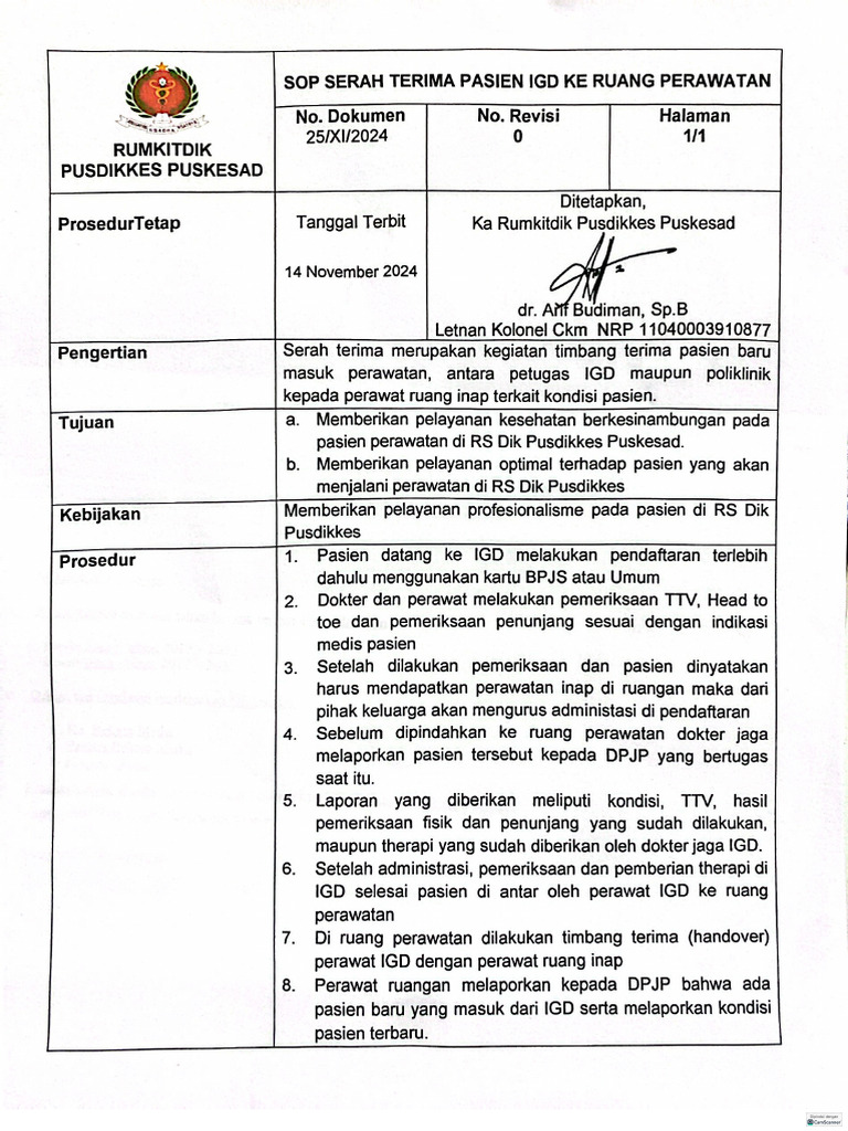 Sop Serah Terima Pasien Igd-Ranap | PDF