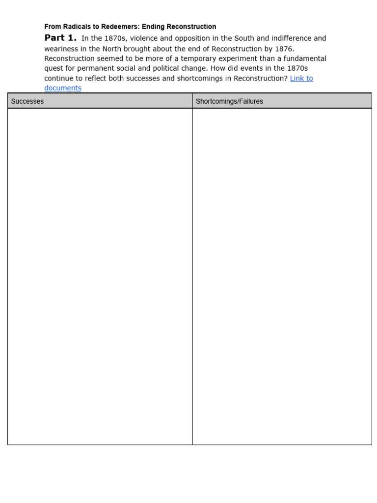From Radicals To Redeemers - Ending Reconstruction Handout | PDF