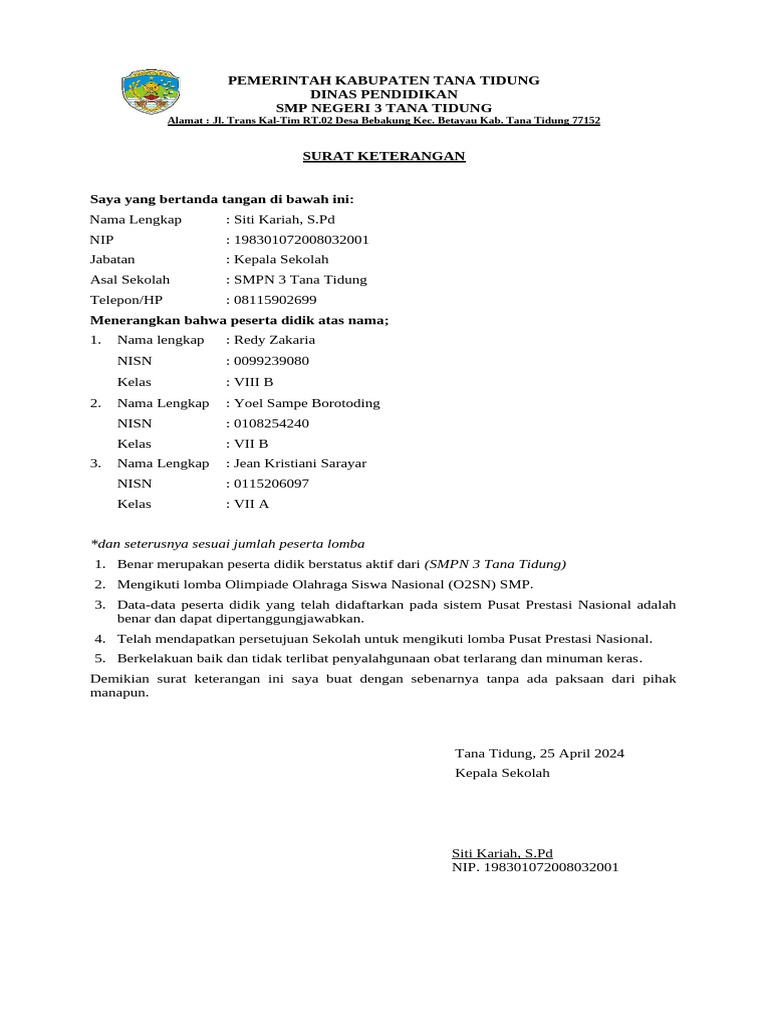 Surat Keterangan Sekolah Osn SDSMP | PDF