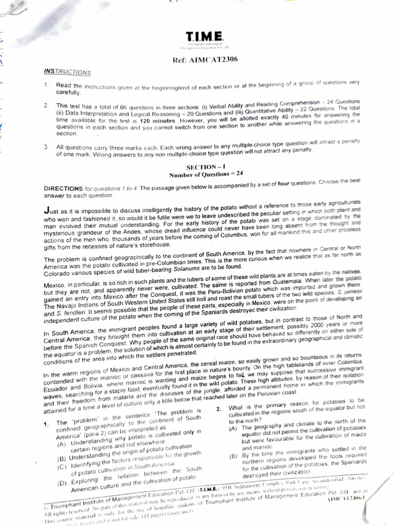 Aimcat-1 2023 | PDF | Hunter Gatherer | Potato