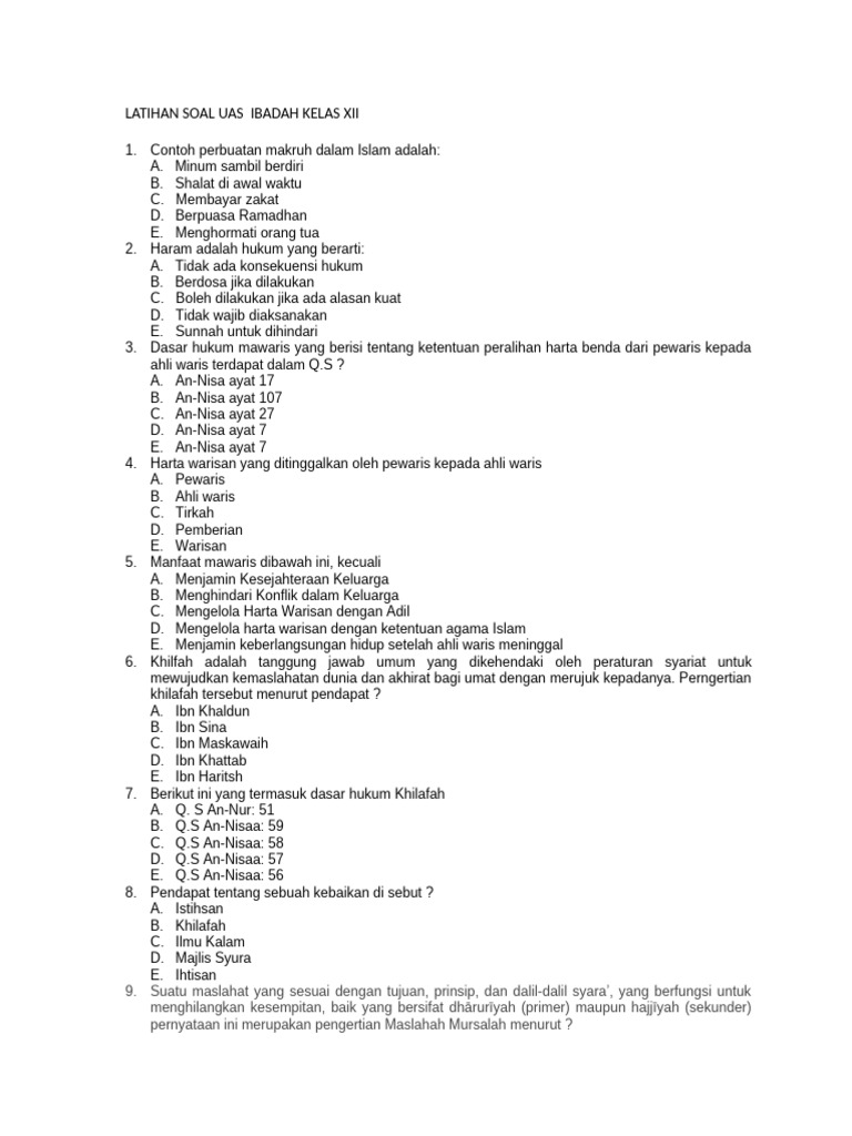 Latihan Soal Uas Ibadah Kelas Xii | PDF
