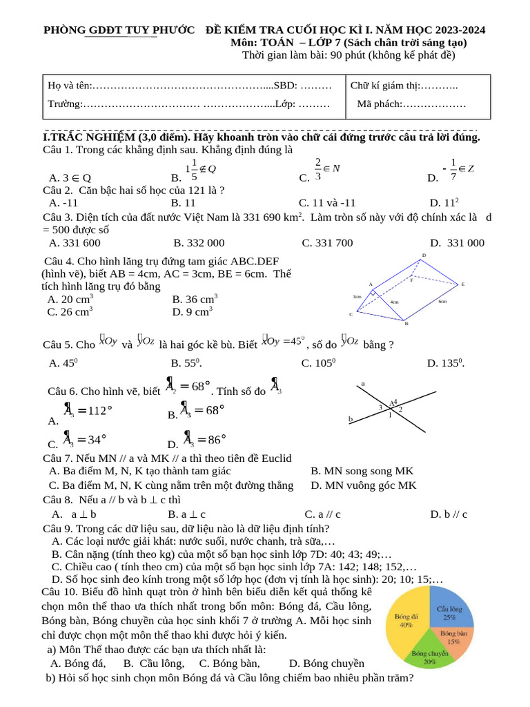De Cuoi Ki 1 Toan 7 CTST Nam 2023 2024 Phong GDDT Tuy Phuoc Binh Dinh | PDF