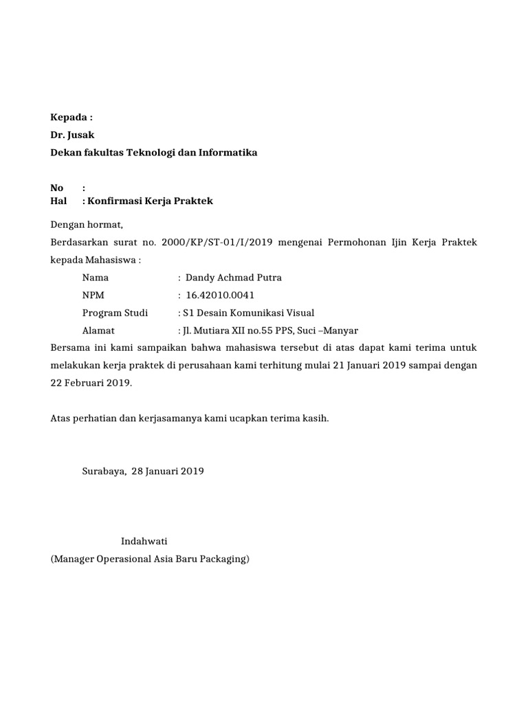 Surat Keterangan Penerimaan Magang STIKOM - Dandy | PDF