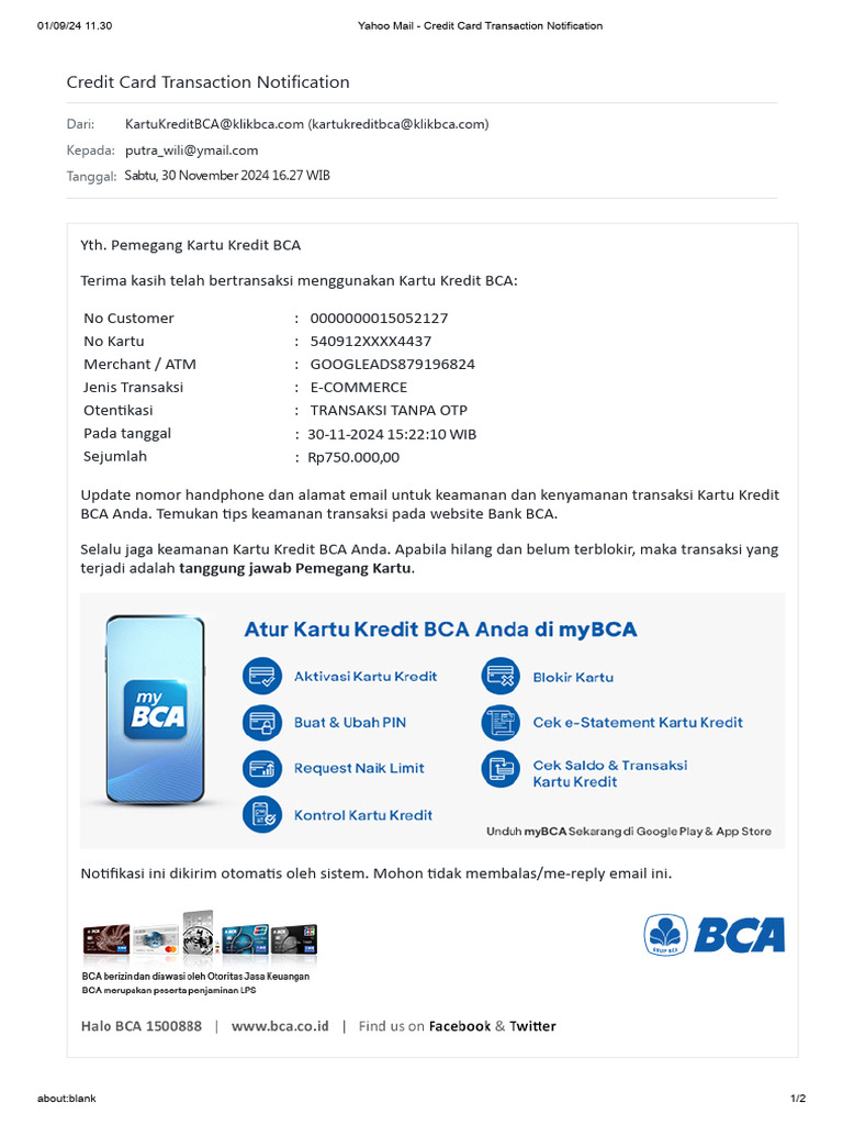 Yahoo Mail - Credit Card Transaction Notification | PDF