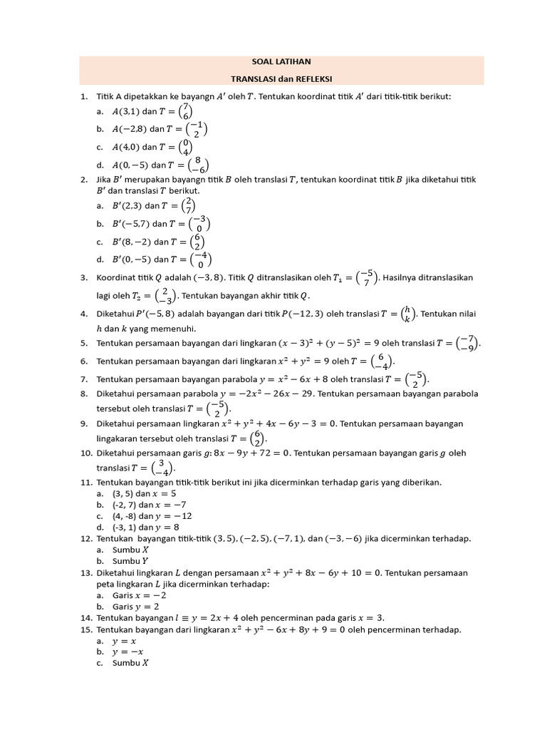 Soal Latihan Translasi Dan Refleksi | PDF
