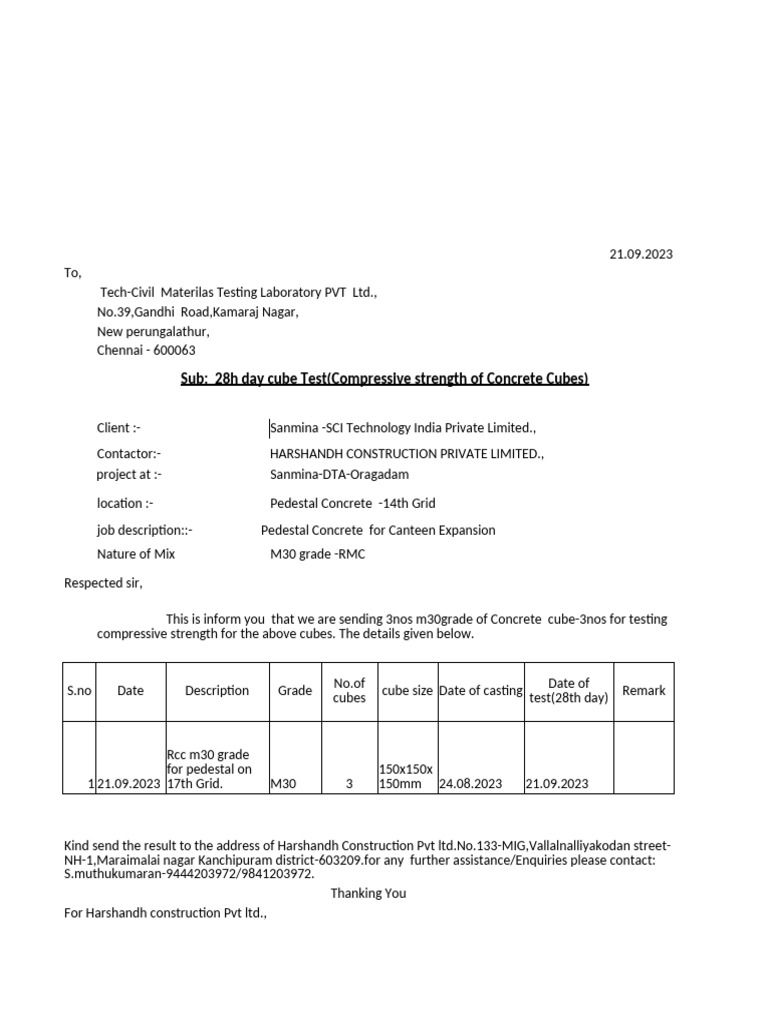 Cube Test Letter | PDF | Concrete | Building Engineering