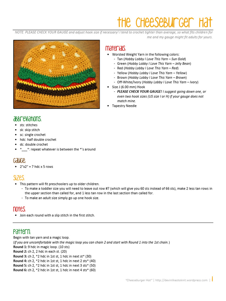Cheeseburger Hat | PDF | Crochet | Gauge (Knitting)