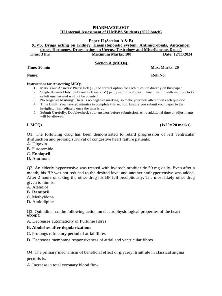 Pharmacology Exam for MBBS Students | PDF | Hypertension | Medical ...