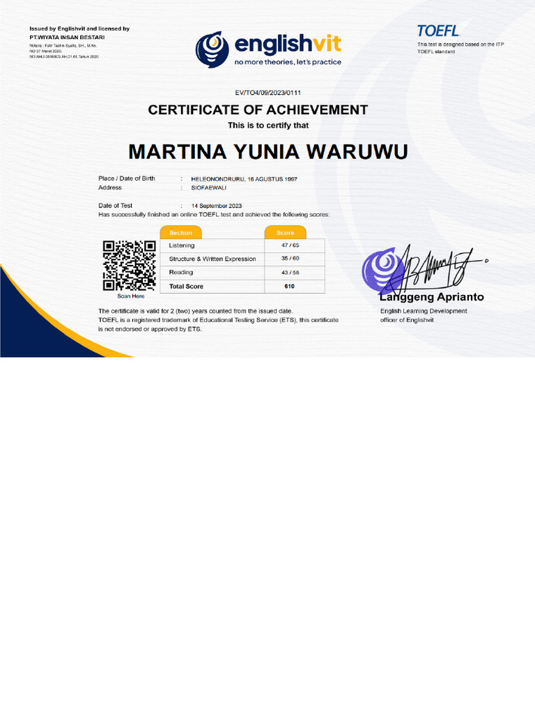 Englishvit - Online Toefl Test 4 - Certificate | PDF