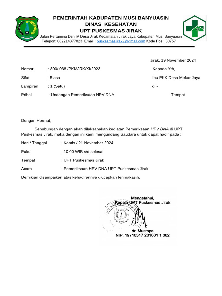 Surat Undangan Pemeriksaan HPV DNA | PDF