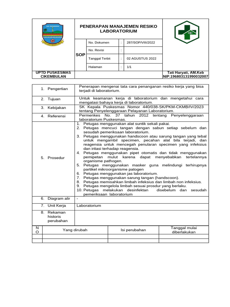 Sop Penerapan Manajemen Resiko Laboratorium | PDF