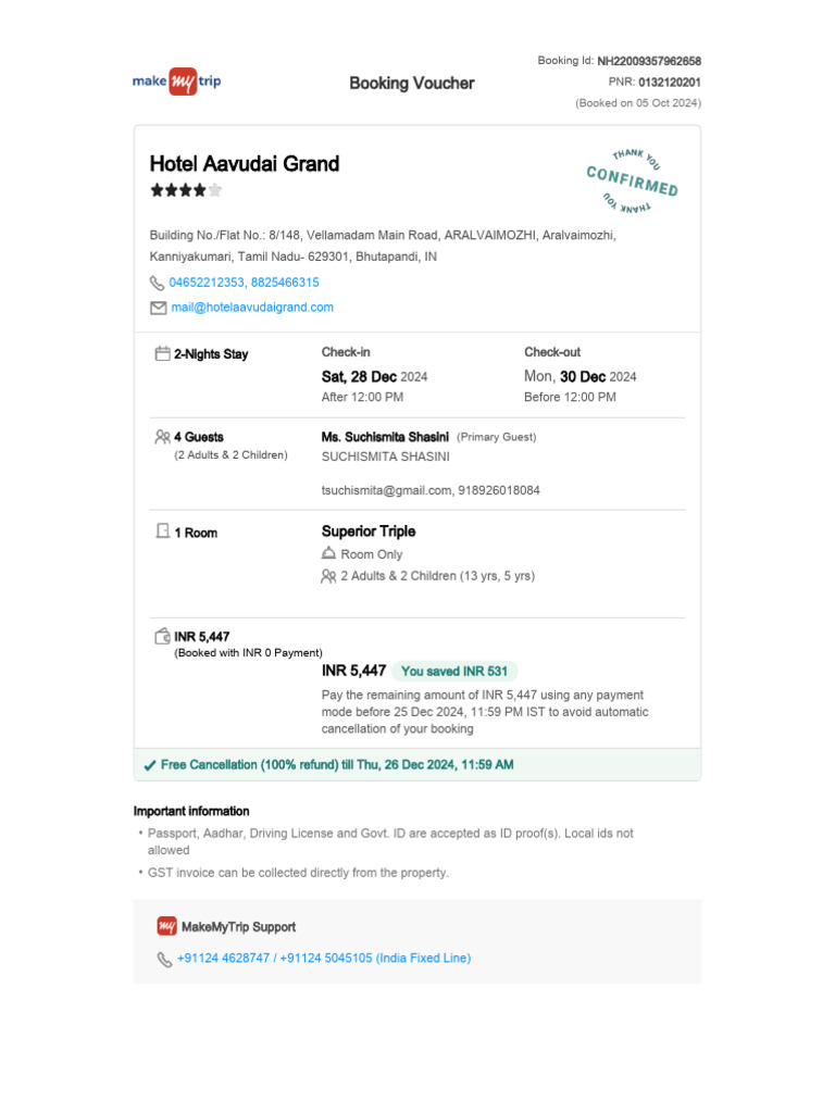 Hotel Aavudai Grand Booking Details | PDF