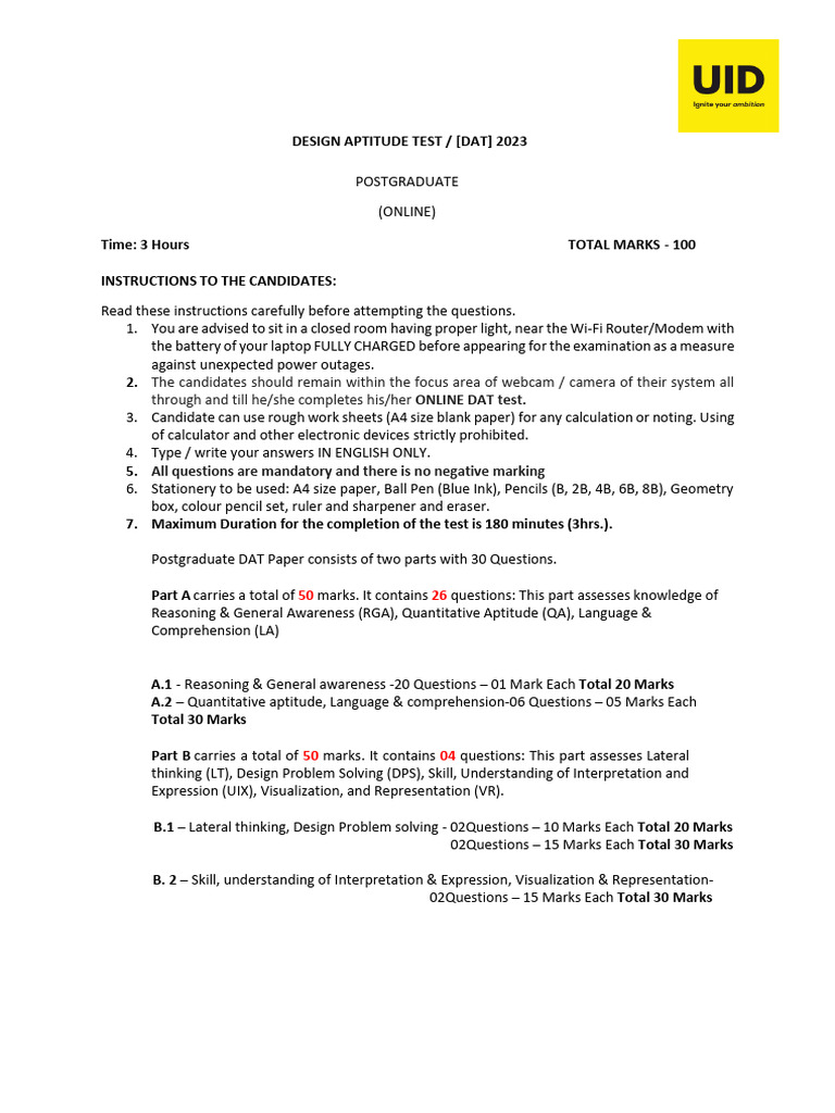 UID DAT Question Paper 2023 PG 1 (1) | PDF