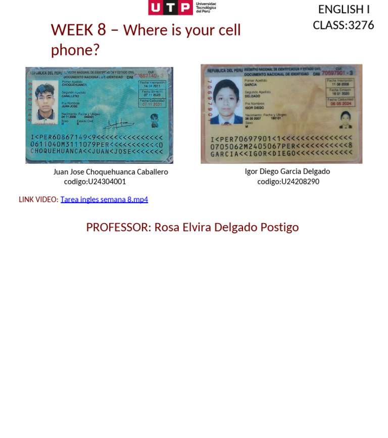 Week 8 - PLANTILLA CARÁTULA DE VIDEO TAREA - Inglés 1 | PDF