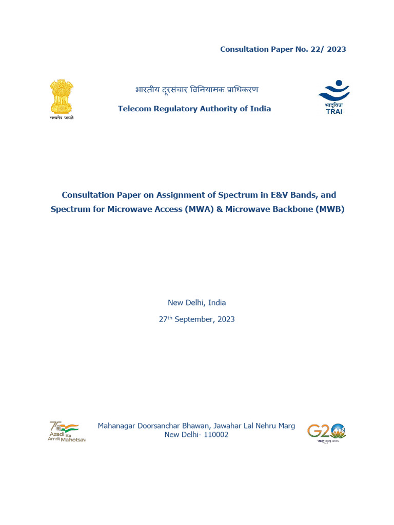 TRAI Consultation Paper on Assignment of Spectrum in E&v Bands, And ...