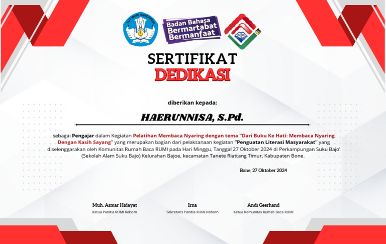 Sertifikat Dedikasi Pelatihan Membaca | PDF