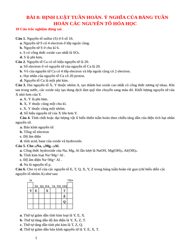 Bai 8 Đinh luat tuan hoan. y nghia cua bang tuan hoan cac nguyen to hoa học - KNTT. | PDF