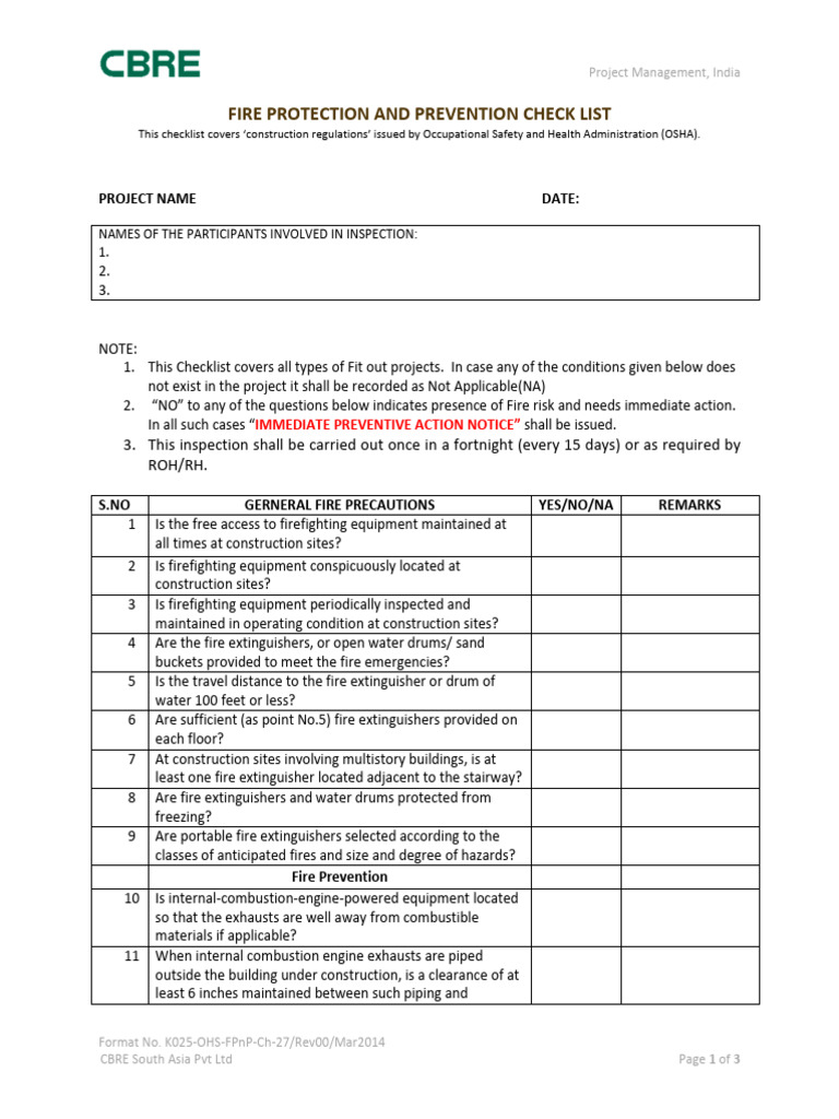 K025-Fire Protection and Prevention Checklist | PDF | Firefighting | Fires