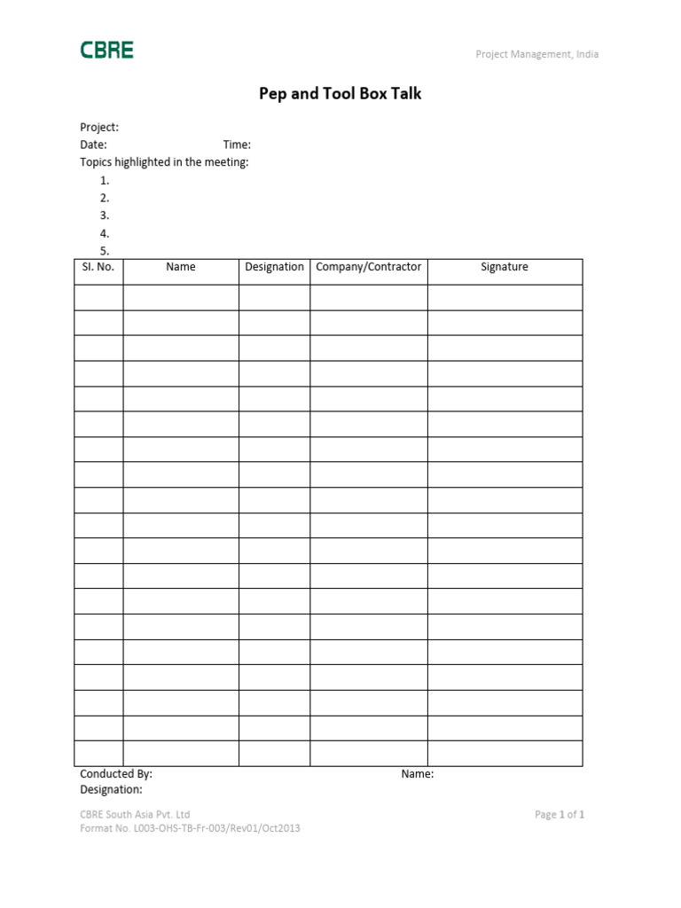 L003-OHSE PeP N Tool Box Talk Format | PDF