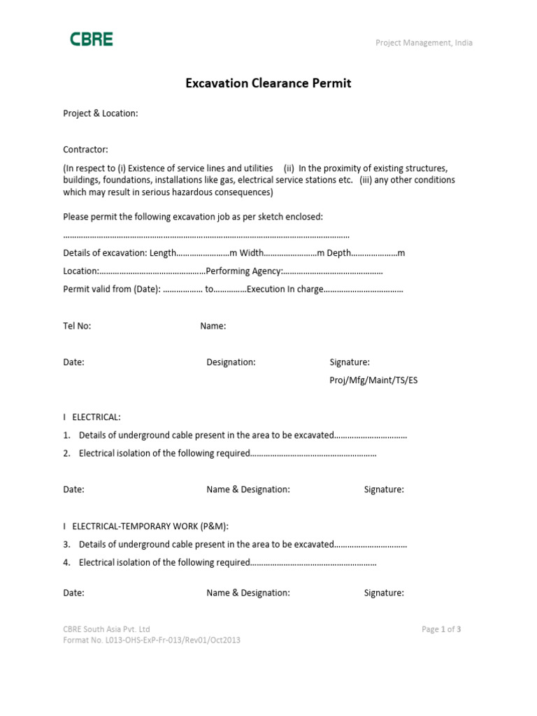 L013-OHSE Excavation Clearance Permit Format | PDF | Safety