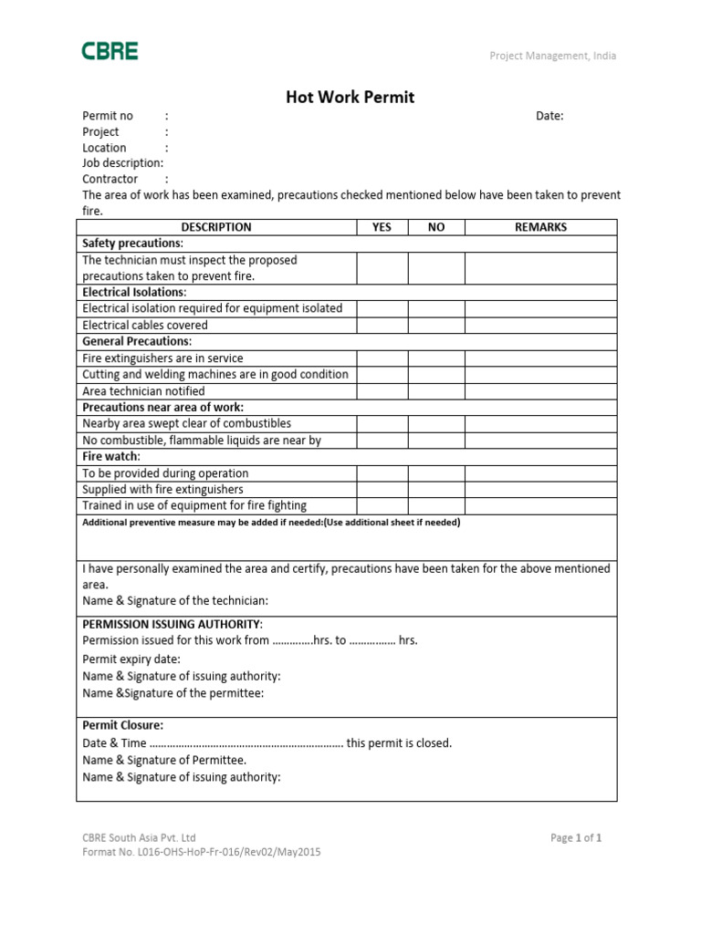 L016-OHSE Hot Work Permit Format | PDF