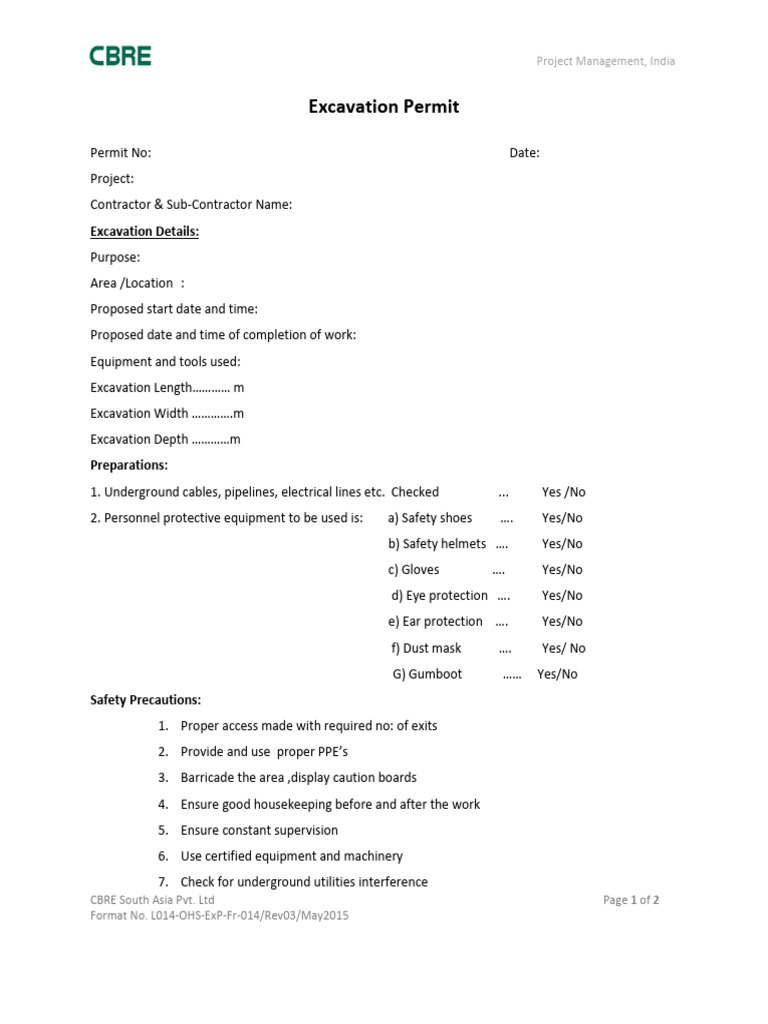 L014-OHSE Excavation Permit Format | PDF | Personal Protective ...