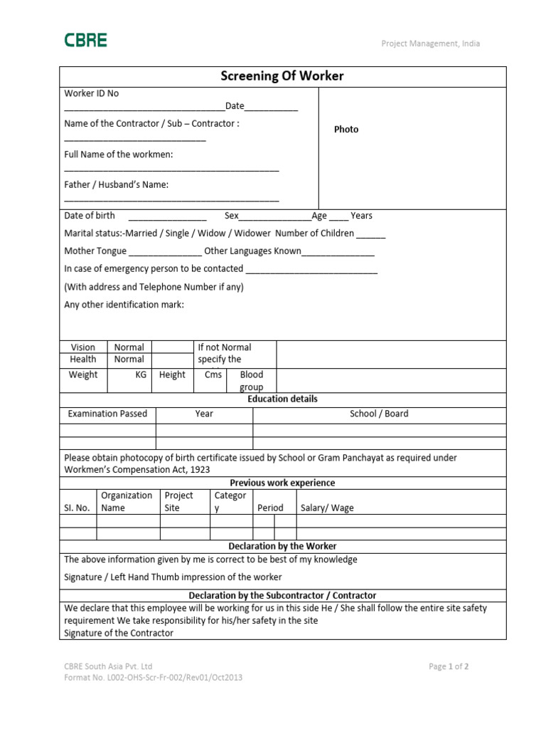 L002-OHSE Screening of Worker Format | PDF | Employment | Labor
