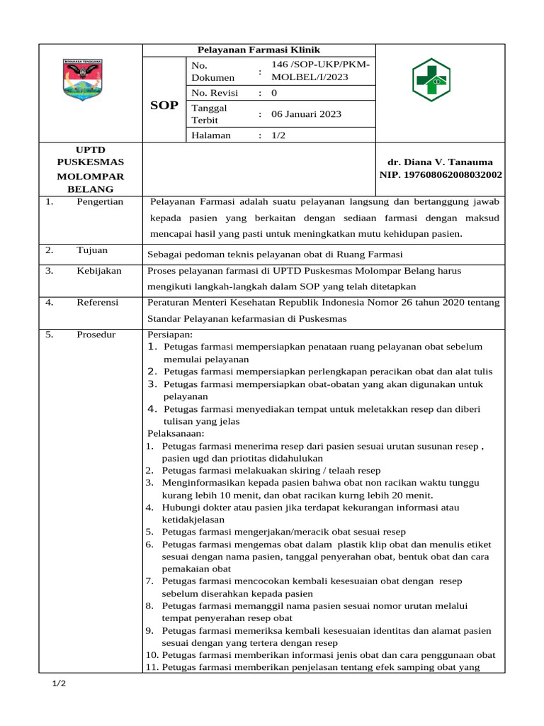 SOP Pelayanan Farmasi Klinik | PDF