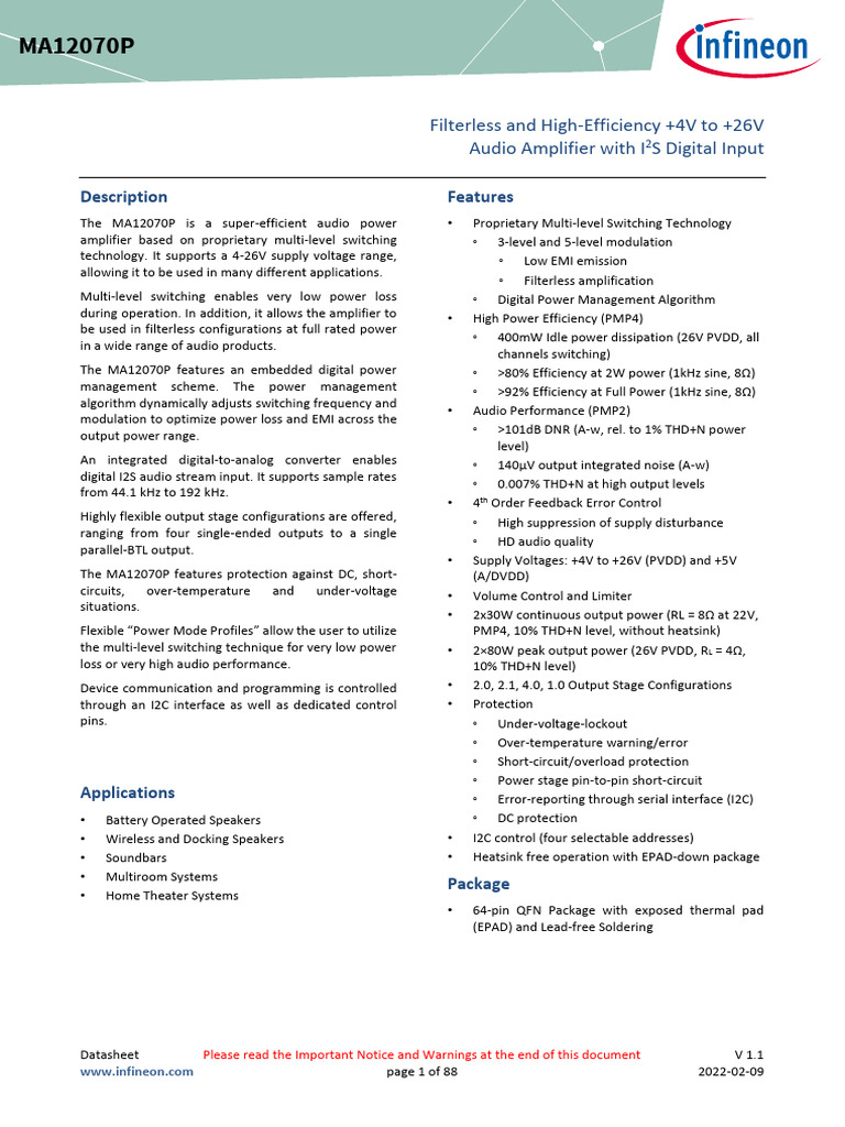 Infineon MA12070P DataSheet v01 - 01 EN | PDF | Amplifier | Power Supply