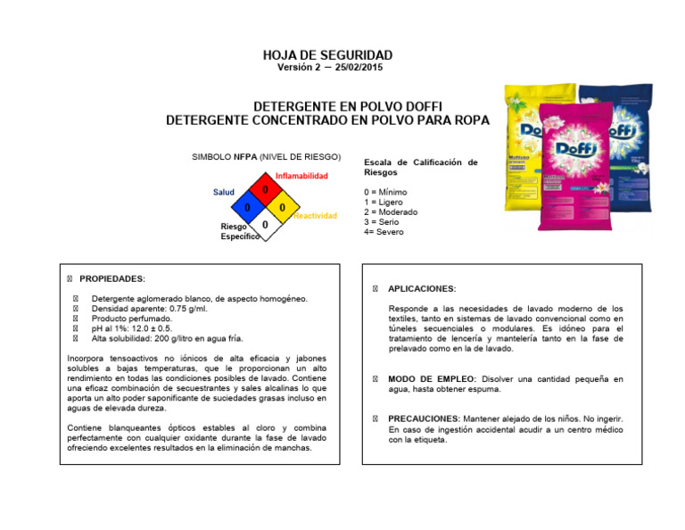 Ficha Tecnica Detergente Industrial Doffi X 15 KG | PDF | Detergente | Agua